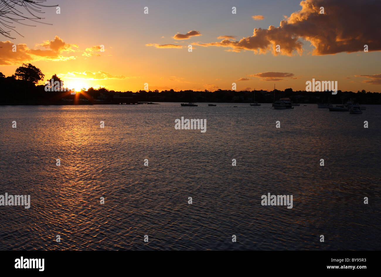 A golden sunset on the waters of a bay Stock Photo - Alamy