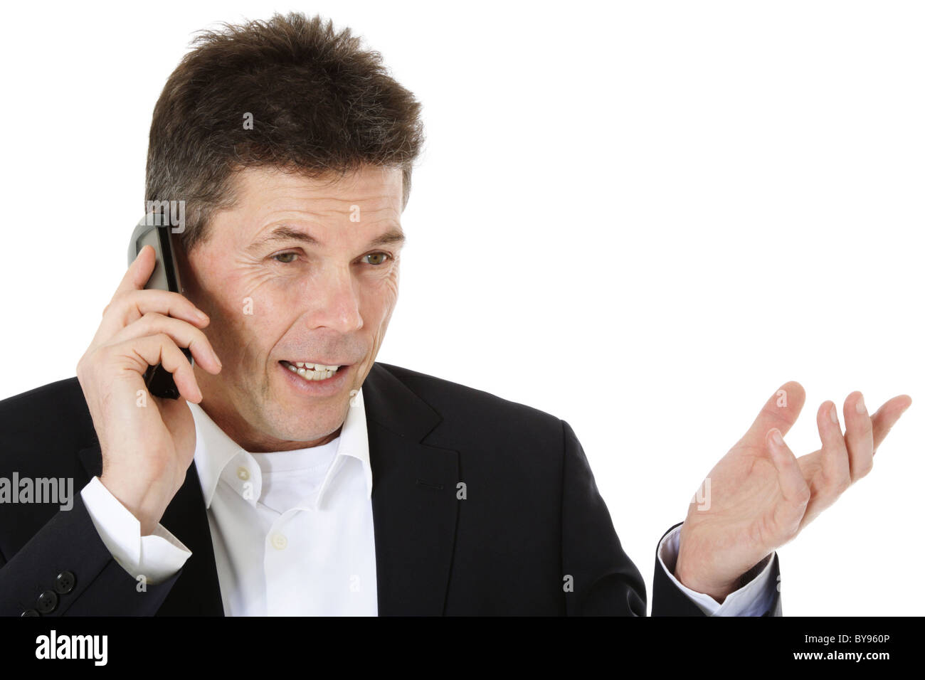 Attractive middle-aged man making a phone call. All on white background ...