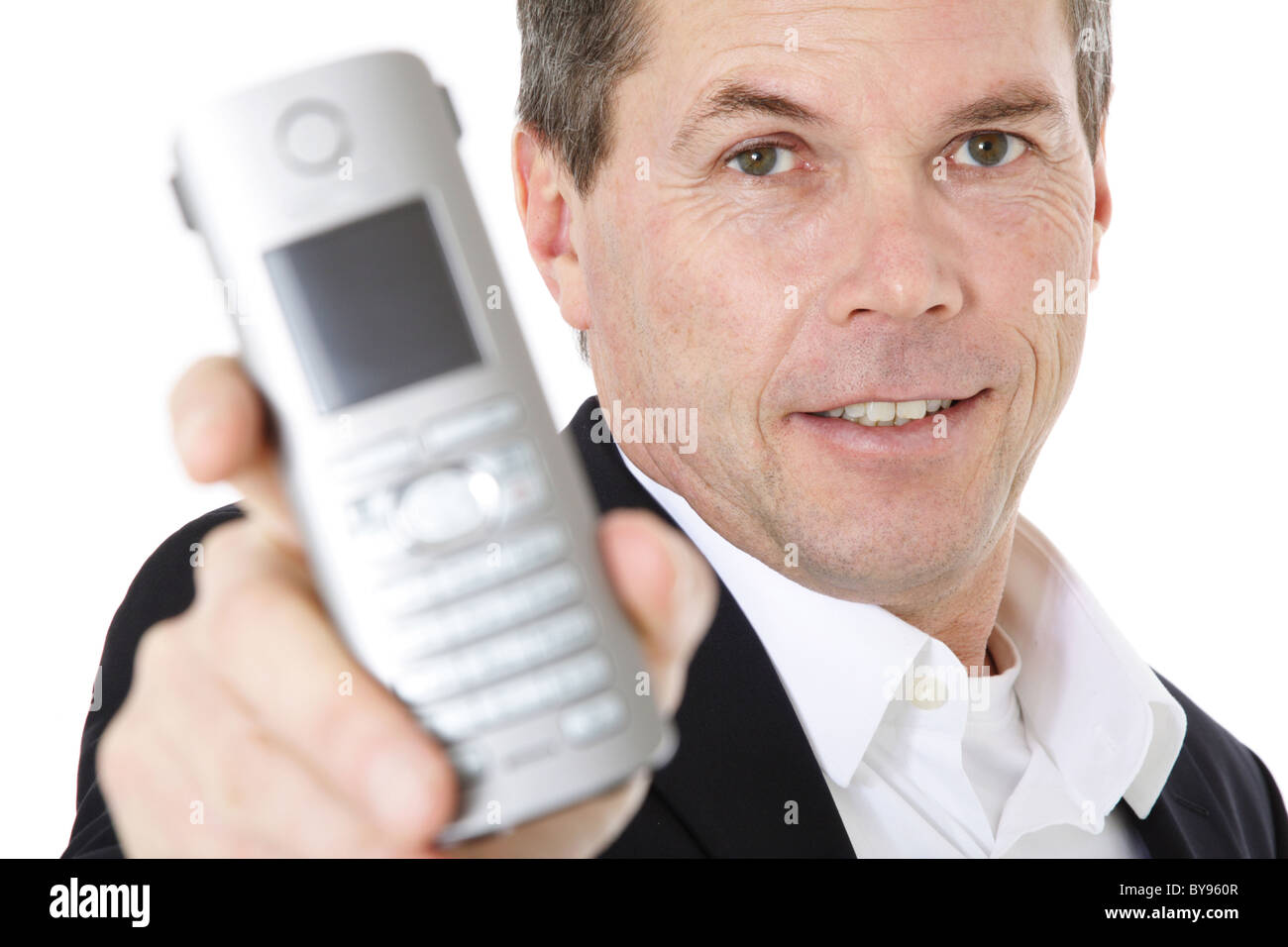 Attractive middle-aged man making a phone call. All on white background ...