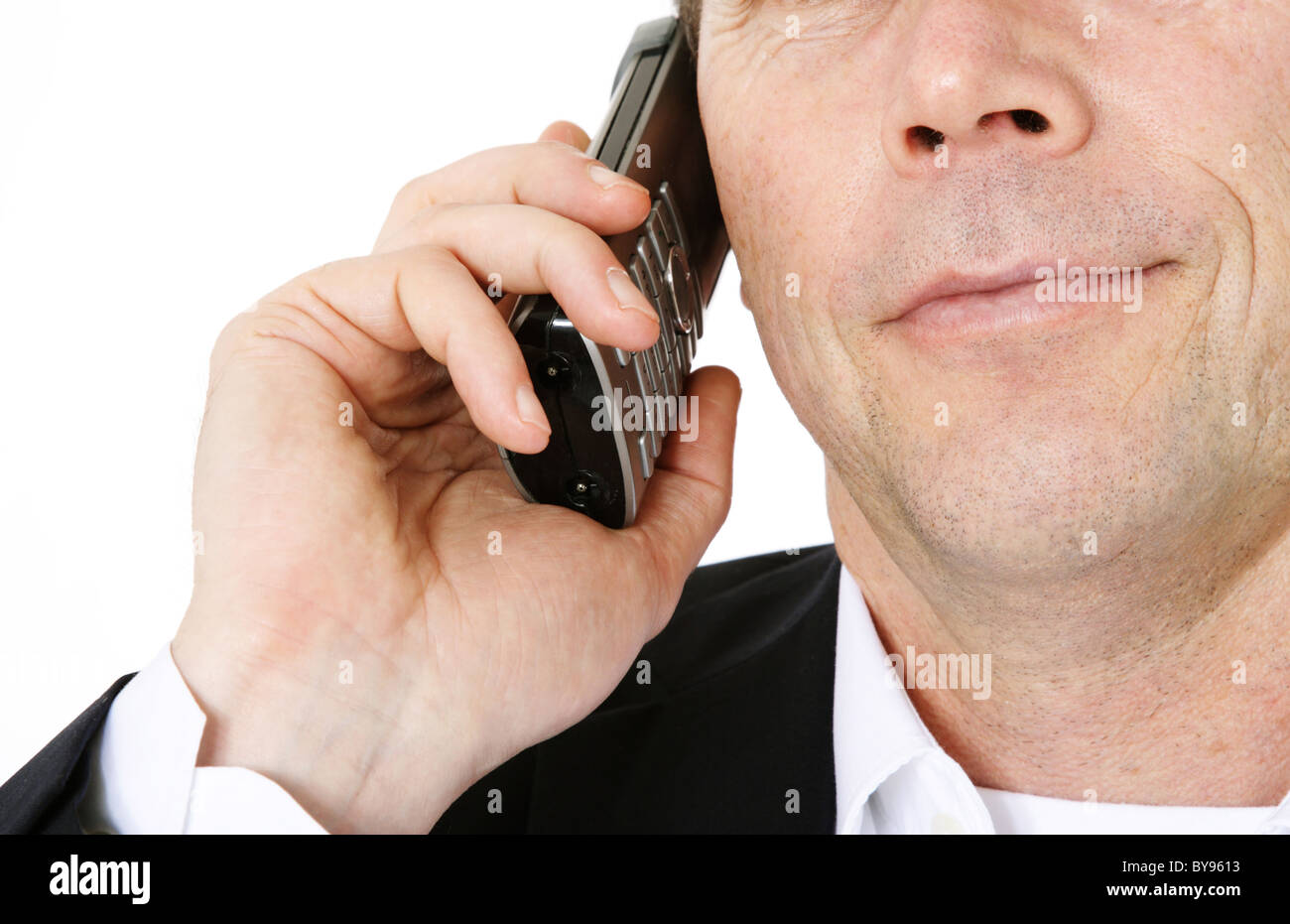 Attractive middle-aged man making a phone call. All on white background ...