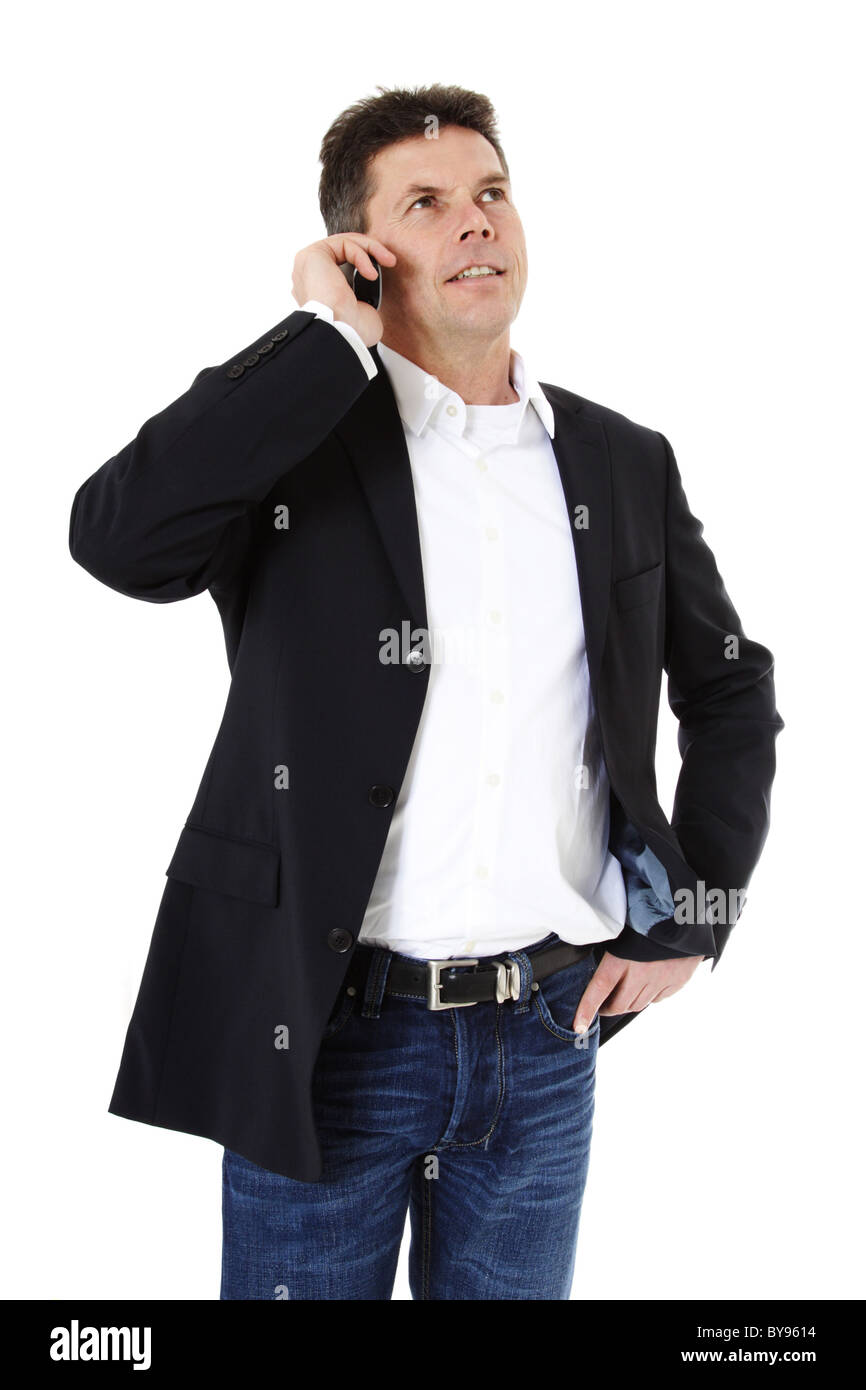 Attractive middle-aged man making a phone call. All on white background ...