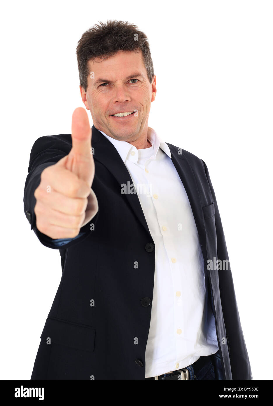 Attractive middle-aged man making thumbs up sign. All on white ...
