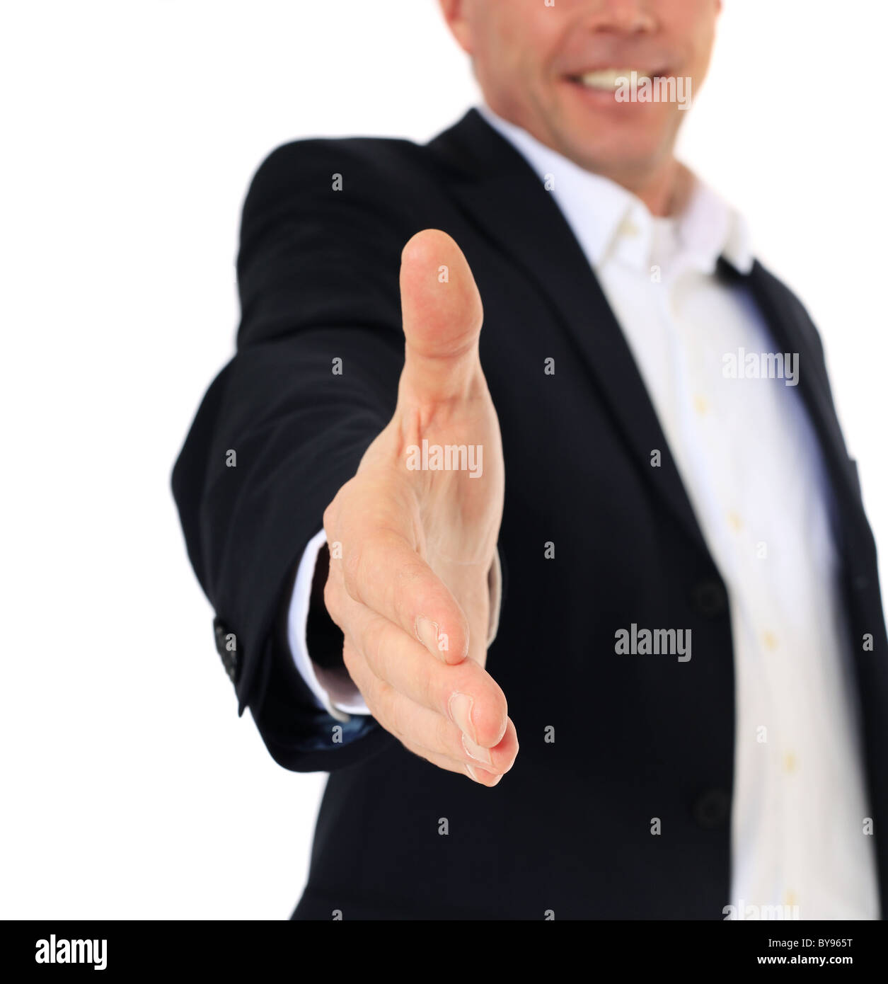 Attractive middle-aged man making handshake. All on white background ...