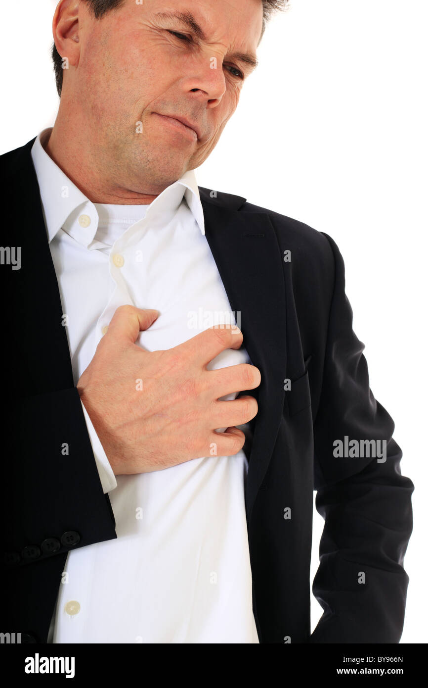 Attractive middle-aged man suffering from heart attack. All on white ...