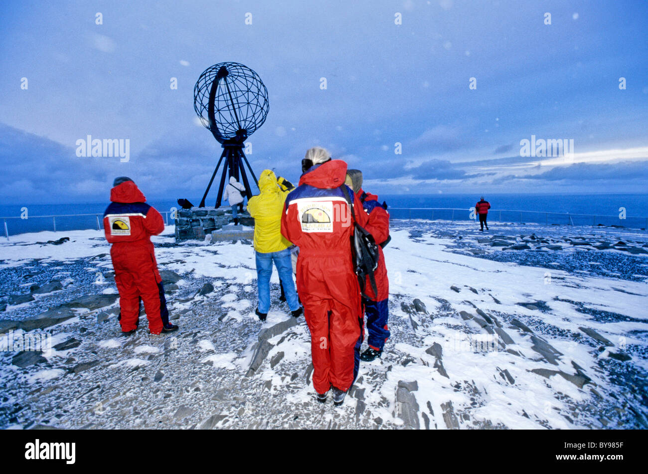 North Cape, Norway in winter, Globe statue at the cape. Tourists Stock ...