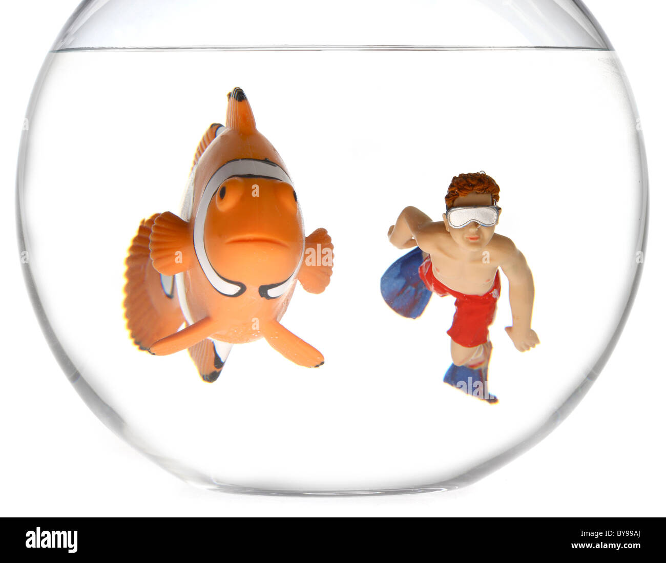 Underwater swimmer, snorkeling, with mask and flippers, and a clown ...