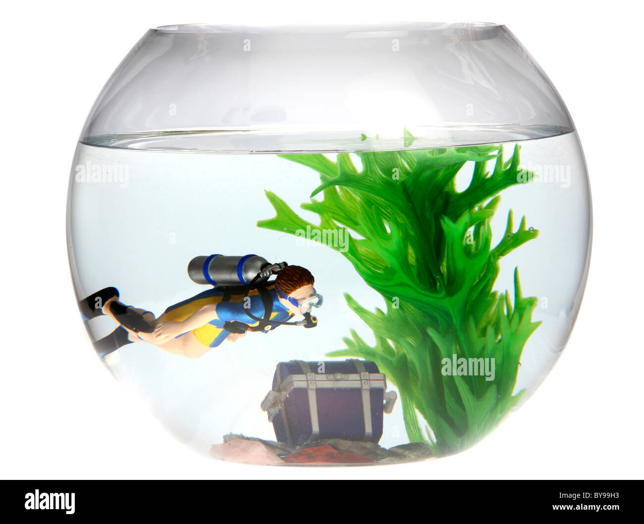 Diver and treasure chest in a fish bowl Stock Photo - Alamy