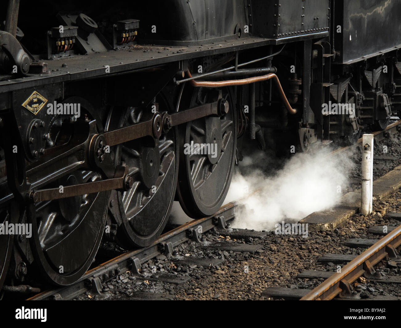 Steam engine wheels and escaping steam Stock Photo - Alamy