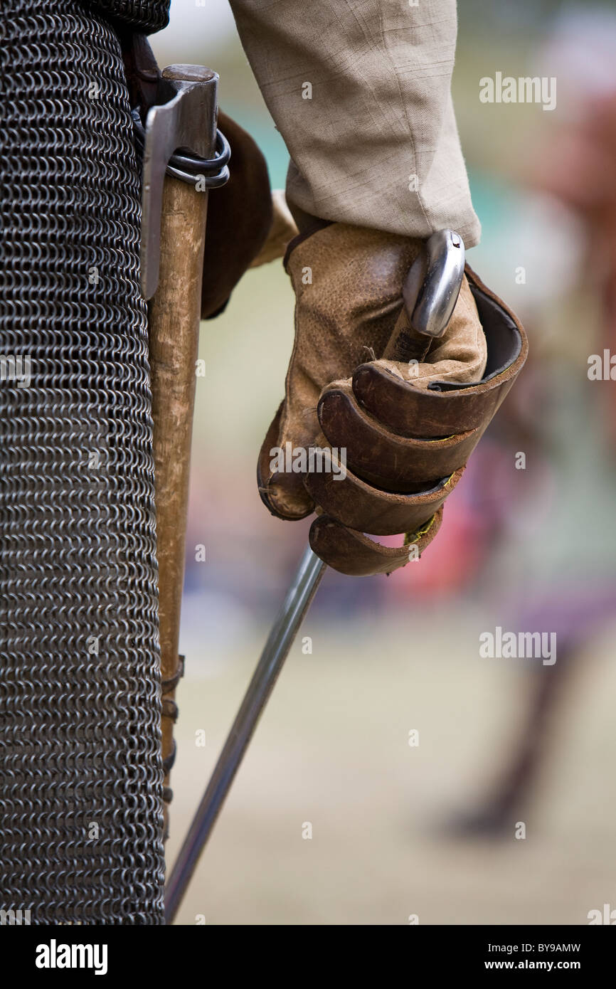 Saxon body armor and gauntlet used sword in battle re-enactment Stock ...