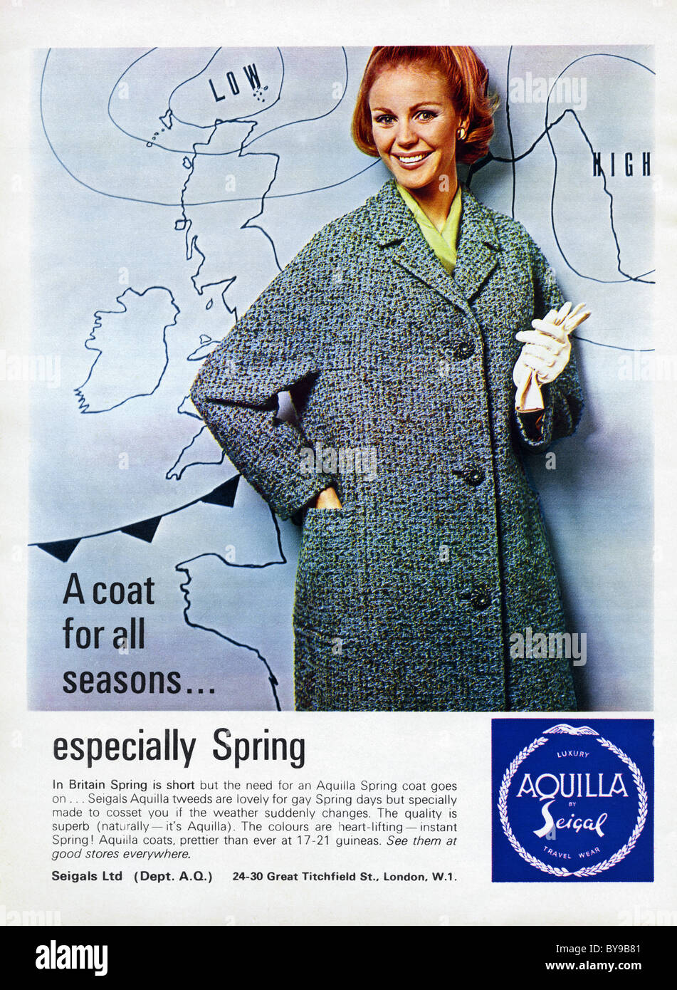 1960s colour advertisement for SEIGAL AQUILLA tweed coats for Spring in ...