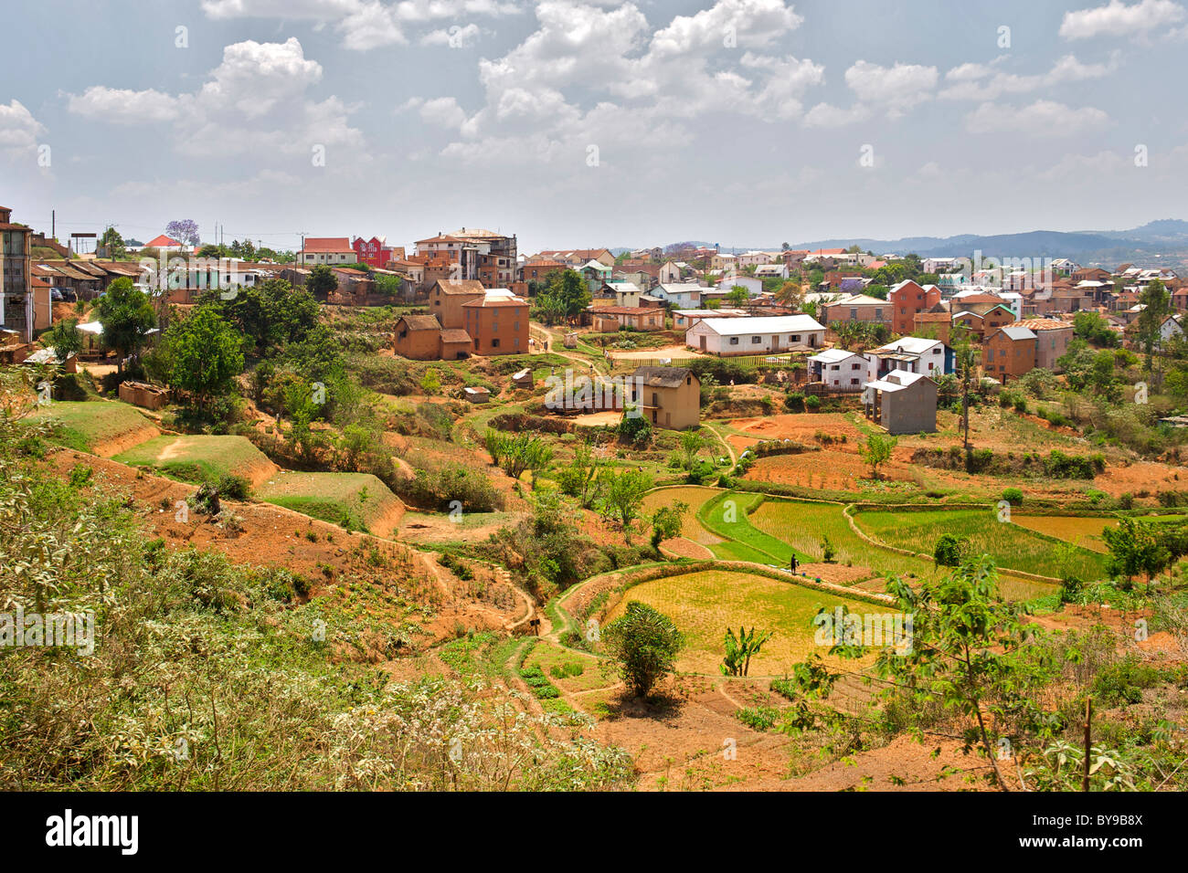 Houses and rice paddies in the town of Ambositra in south-central ...