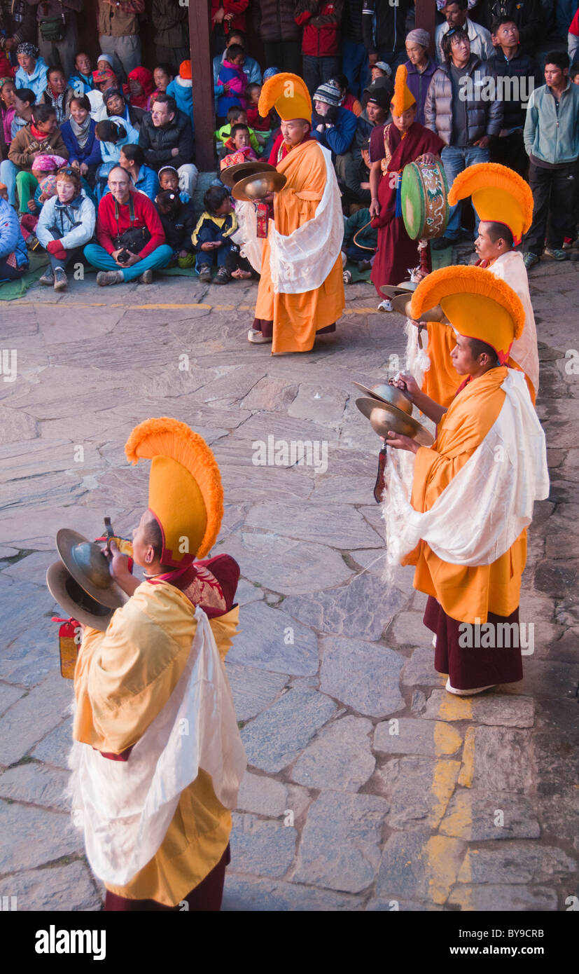 yellow hat monks dancing at the Mani Rimdu Festival at Tengboche ...