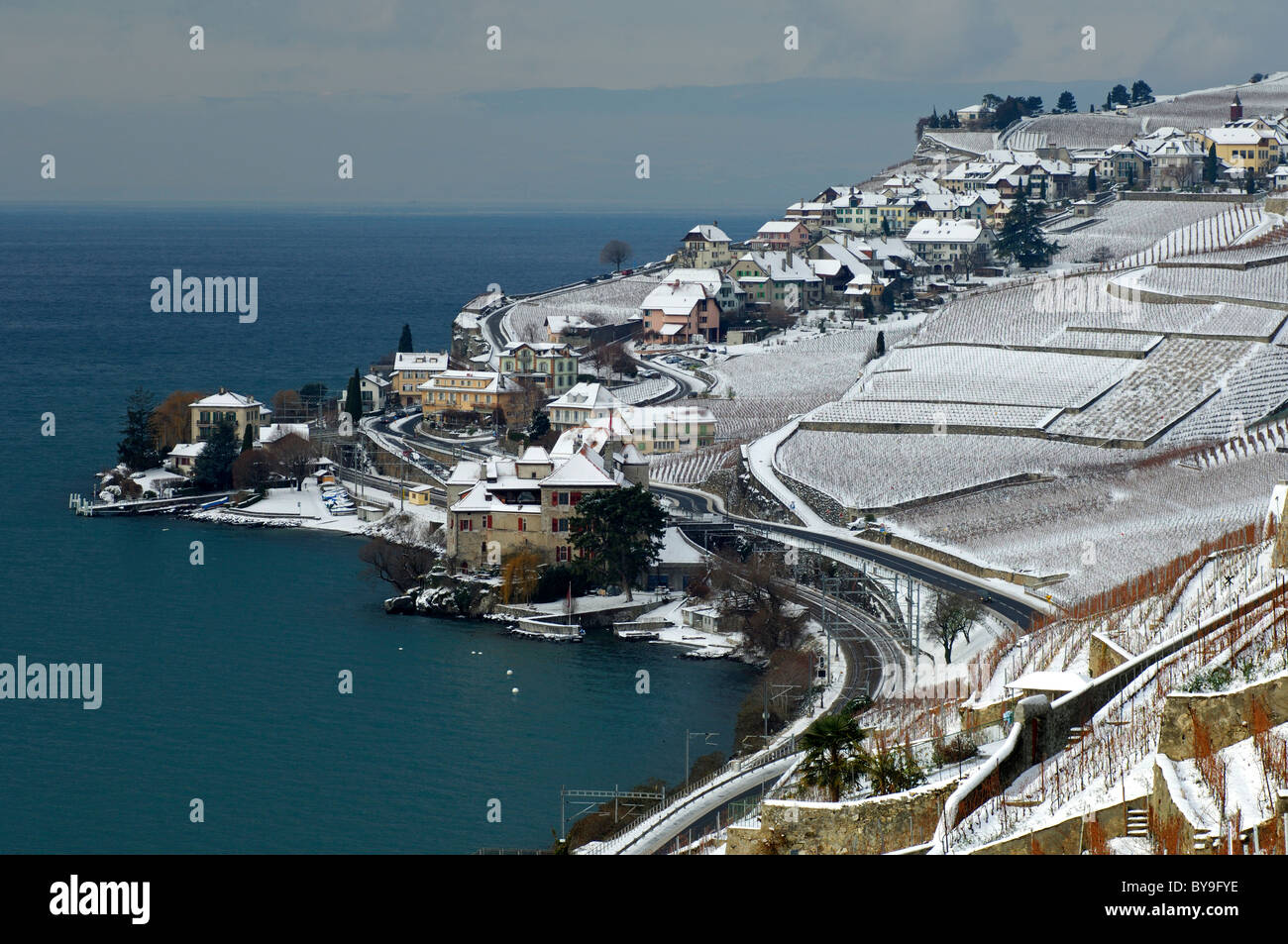 Snow-covered vineyards of Rivaz, UNESCO world heritage site, Lavaux on ...