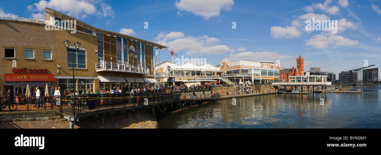 Panorama of Cardiff Bay with Mermaid Quay and The Pierhead building ...