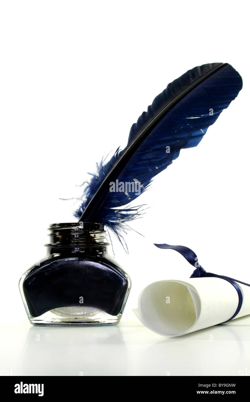 Inkwell with a pen on a white background Stock Photo - Alamy