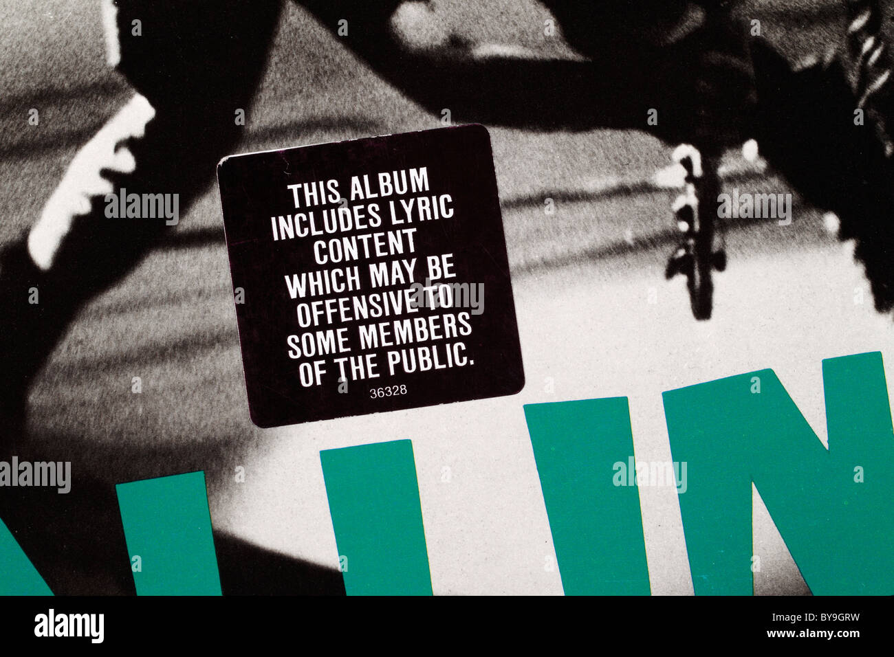 Close up of offensive language sticker on an LP record album by the ...