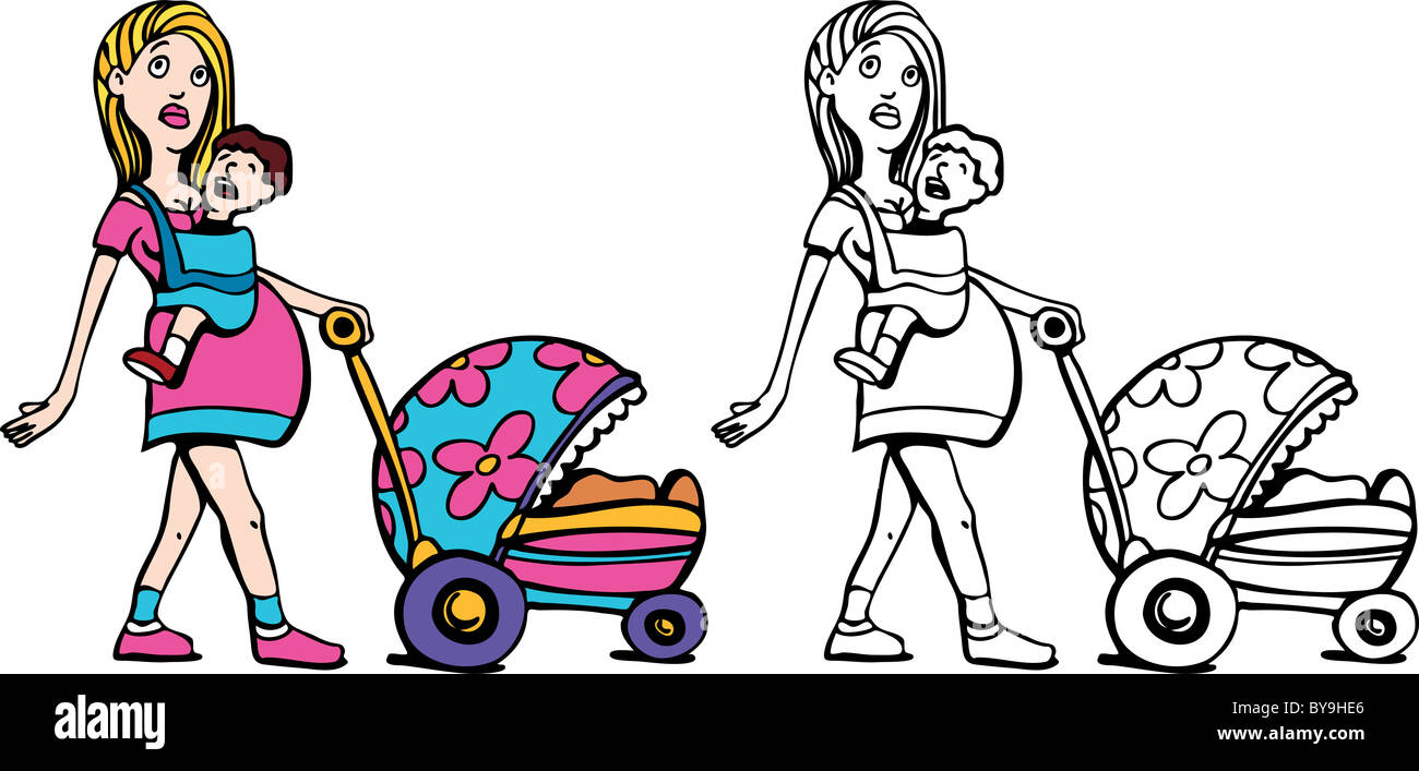 Cartoon mother pushing baby stroller hi-res stock photography and ...