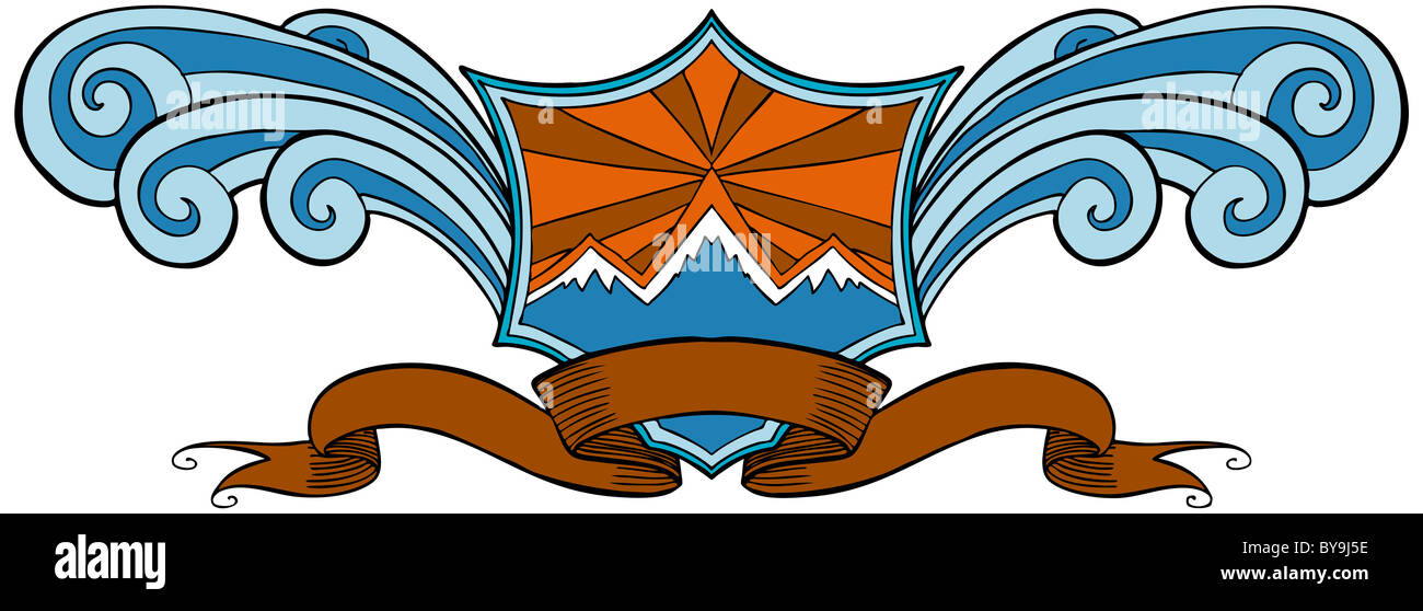 Shield design element with snow-capped mountain Stock Photo - Alamy