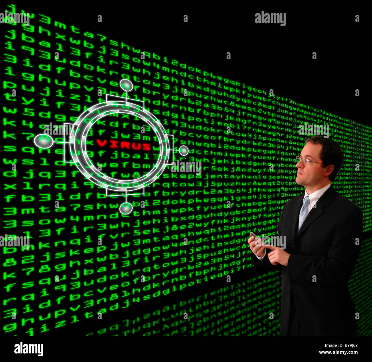 Man in a suit detecting computer virus in a wall of machine code Stock ...