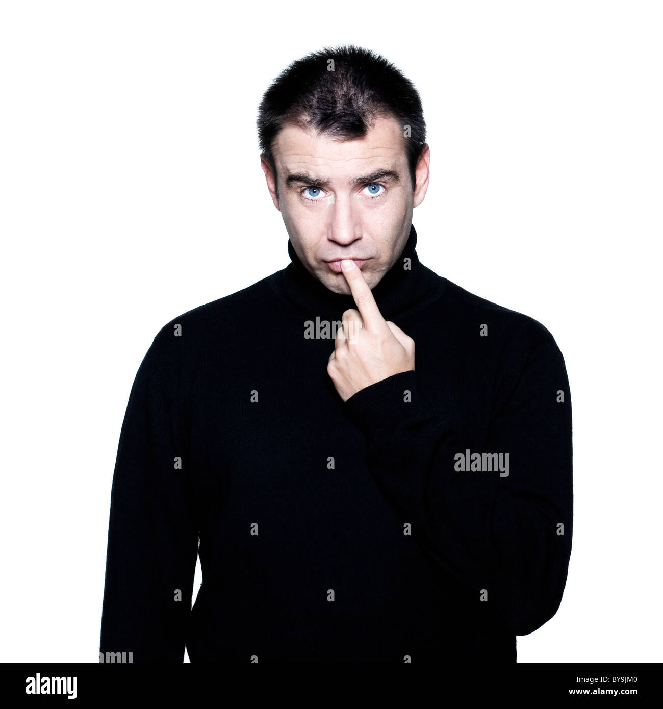 caucasian man portrait ignorance childish thinking portrait on studio ...