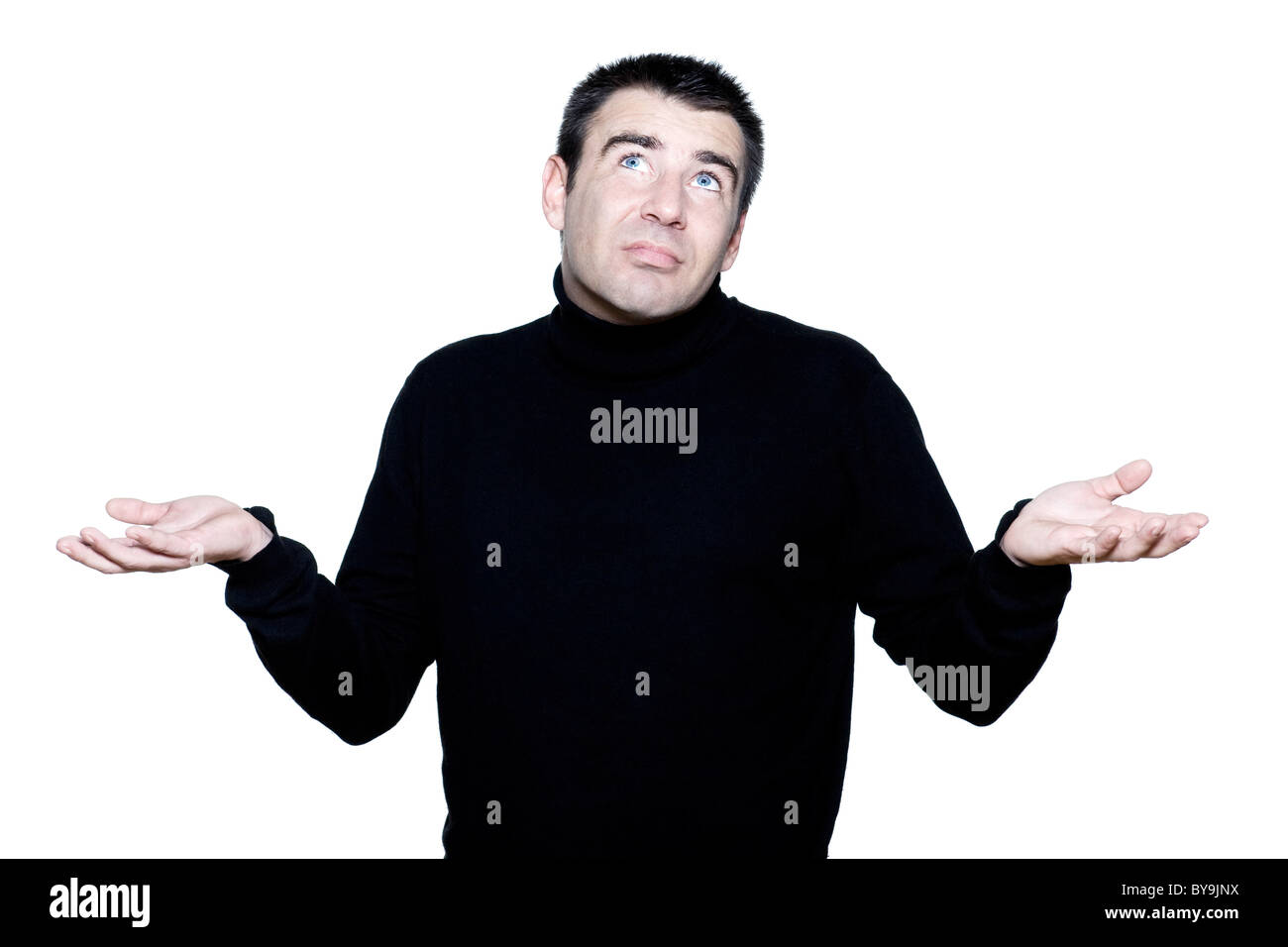 caucasian man portrait shrugging hesitant pucker pouting portrait on ...