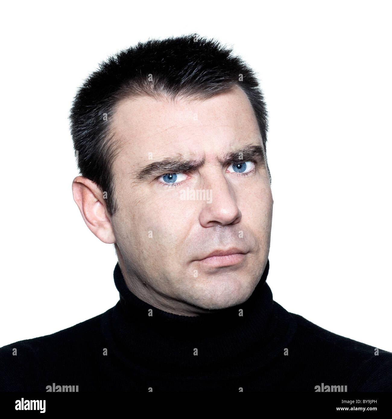 caucasian man portrait angry mistrust suspicious studio isolated white ...