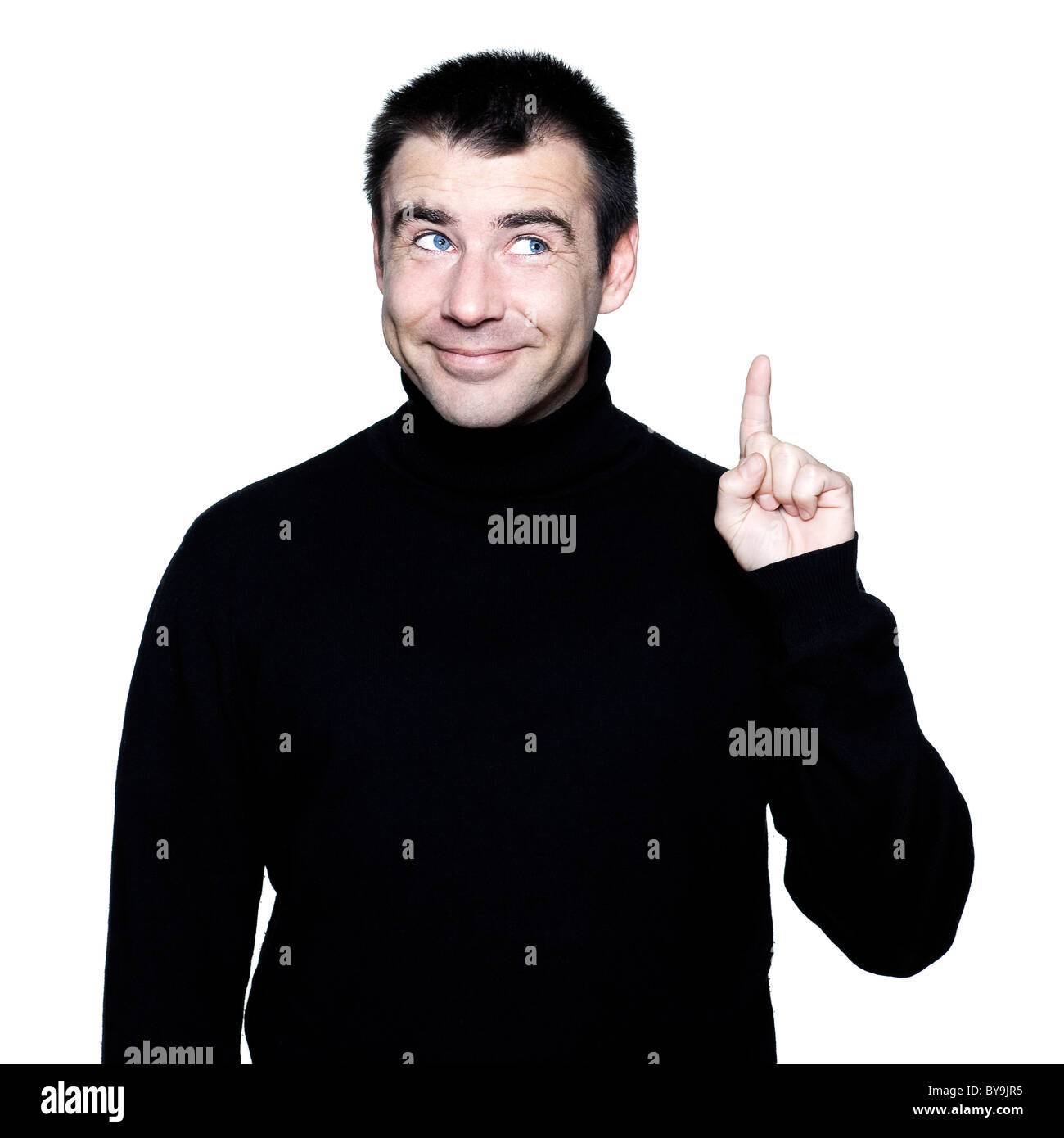 caucasian man smiling portrait thinking pensive inspiring pointing ...