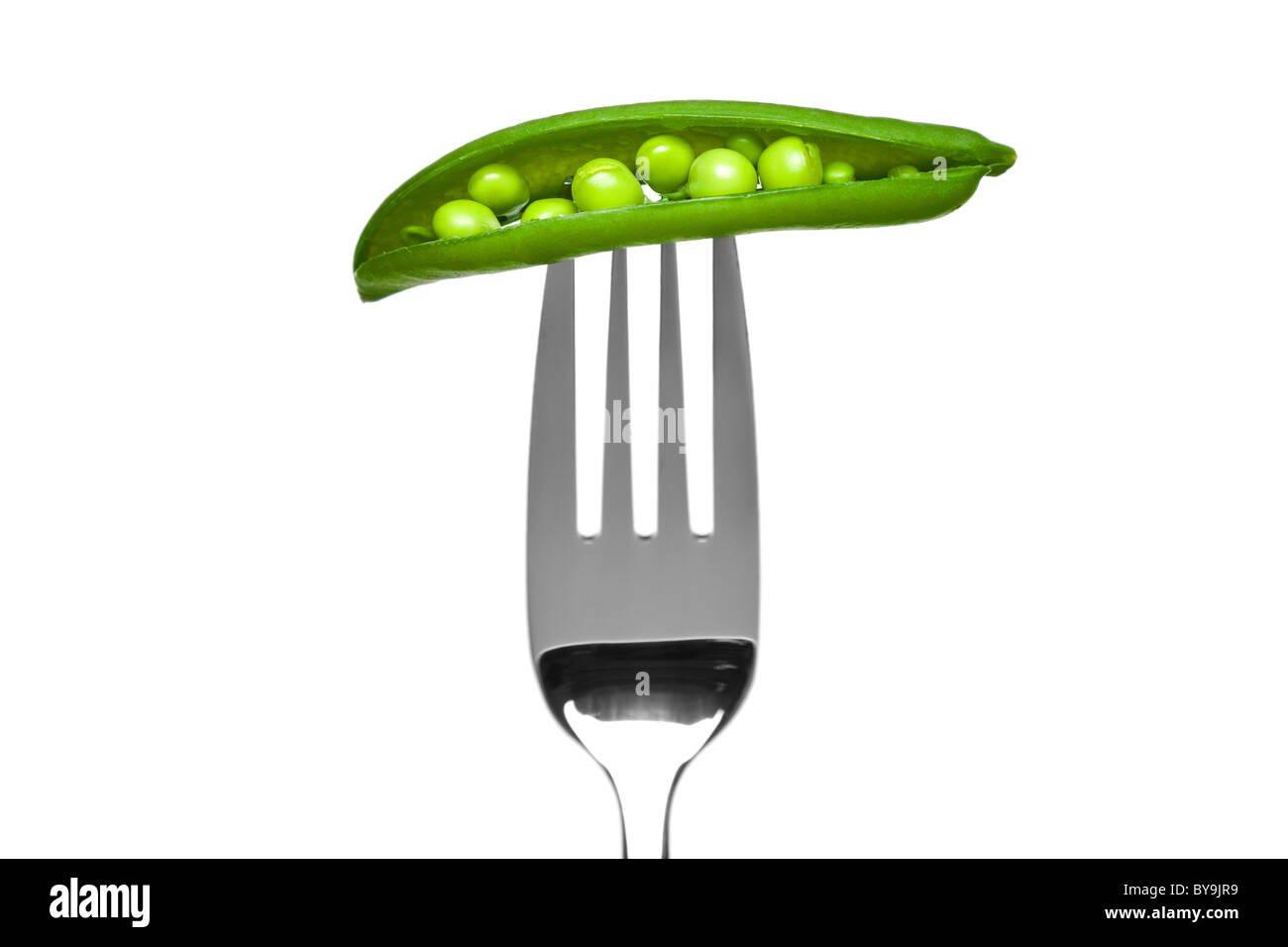 Photo of an open pea pod on a fork isolated on a white background, part ...
