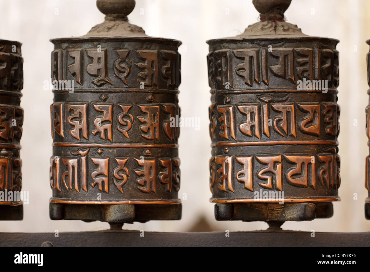 tibetan prayer wheels at monkey temple, Kathmandu, Nepal Stock Photo ...