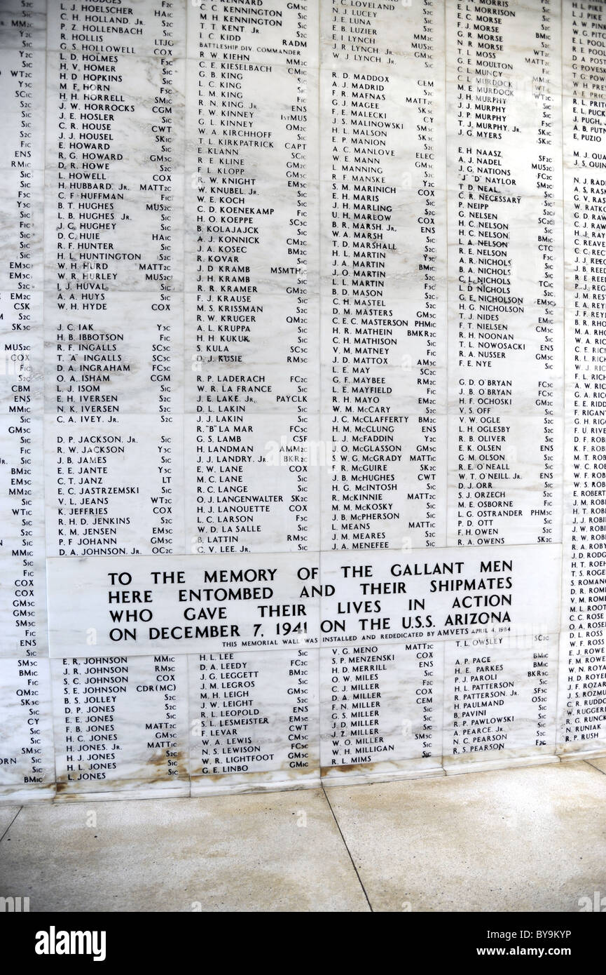 Wall listing fallen seamen USS Arizona Memorial Pearl Harbor Pacific ...