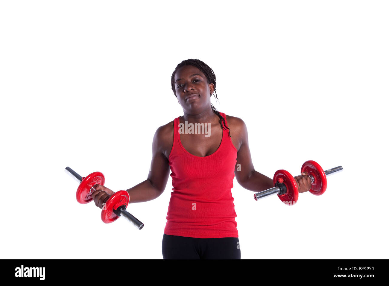 african young woman exercising her muscle with dumbbell (isolated on ...