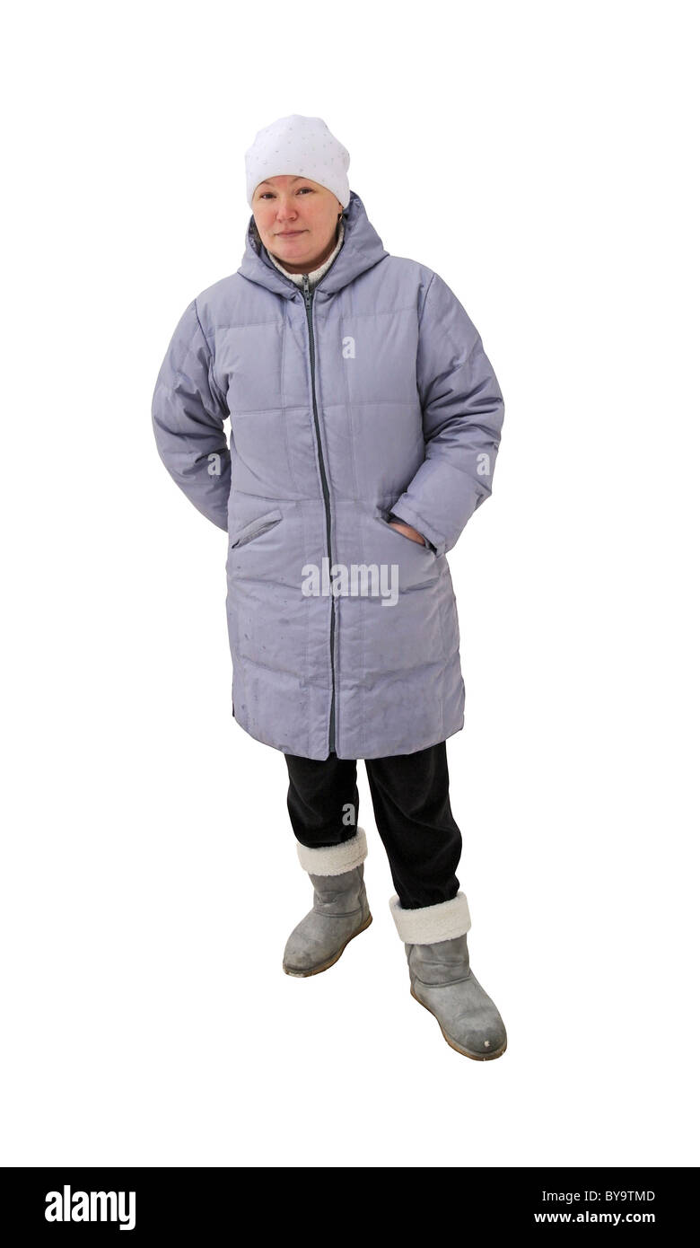 The woman costs in winter clothes, is isolated, a white background ...