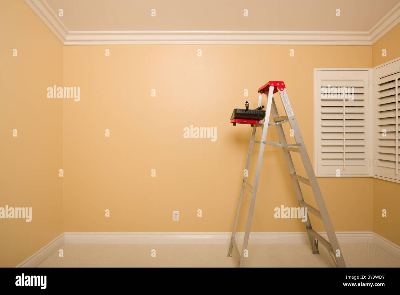 Empty Room with Plantation Shutters, Ladder, Paint Tray and Rollers ...