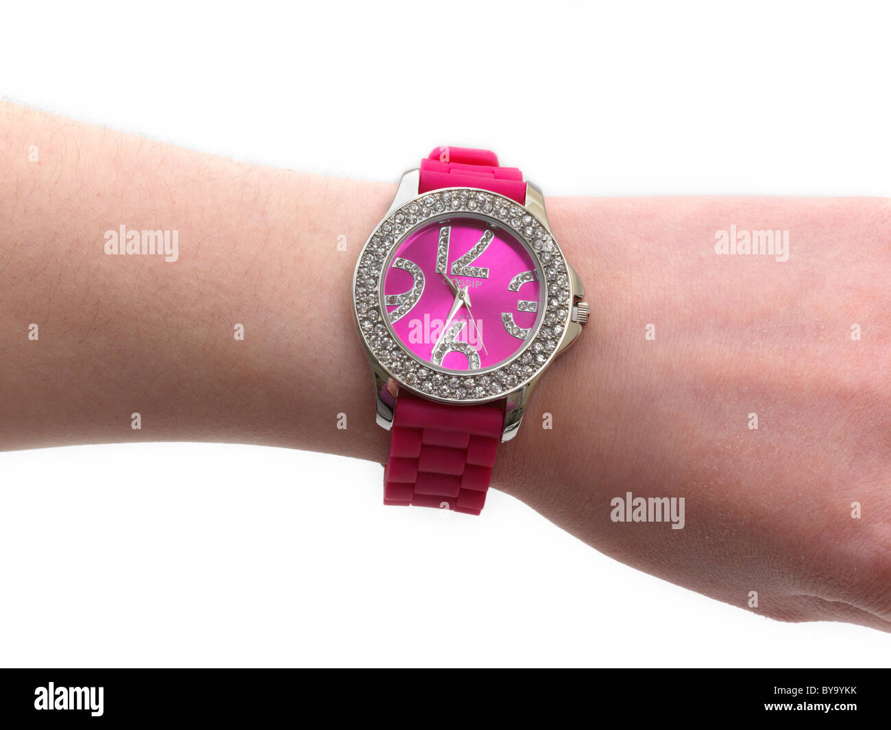 Modern Pink Watch On Woman's Wrist Stock Photo - Alamy