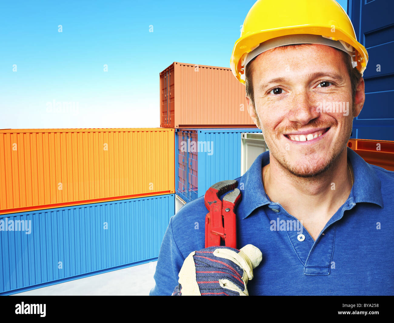 manual worker portrait and classic container 3d background Stock Photo ...