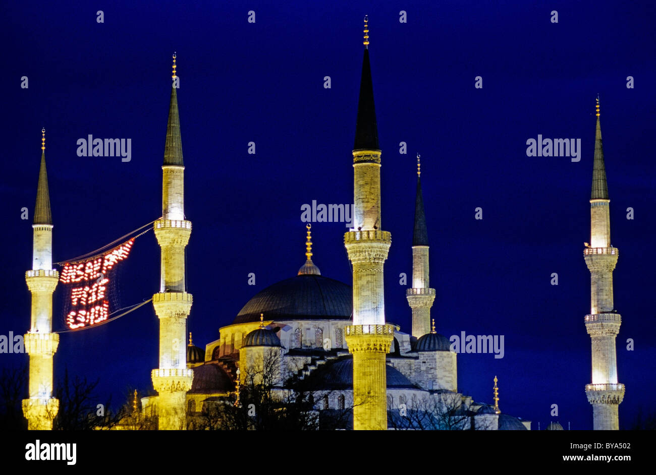 Illuminated towers of the Blue Mosque at night, Istanbul, Turkey Stock ...