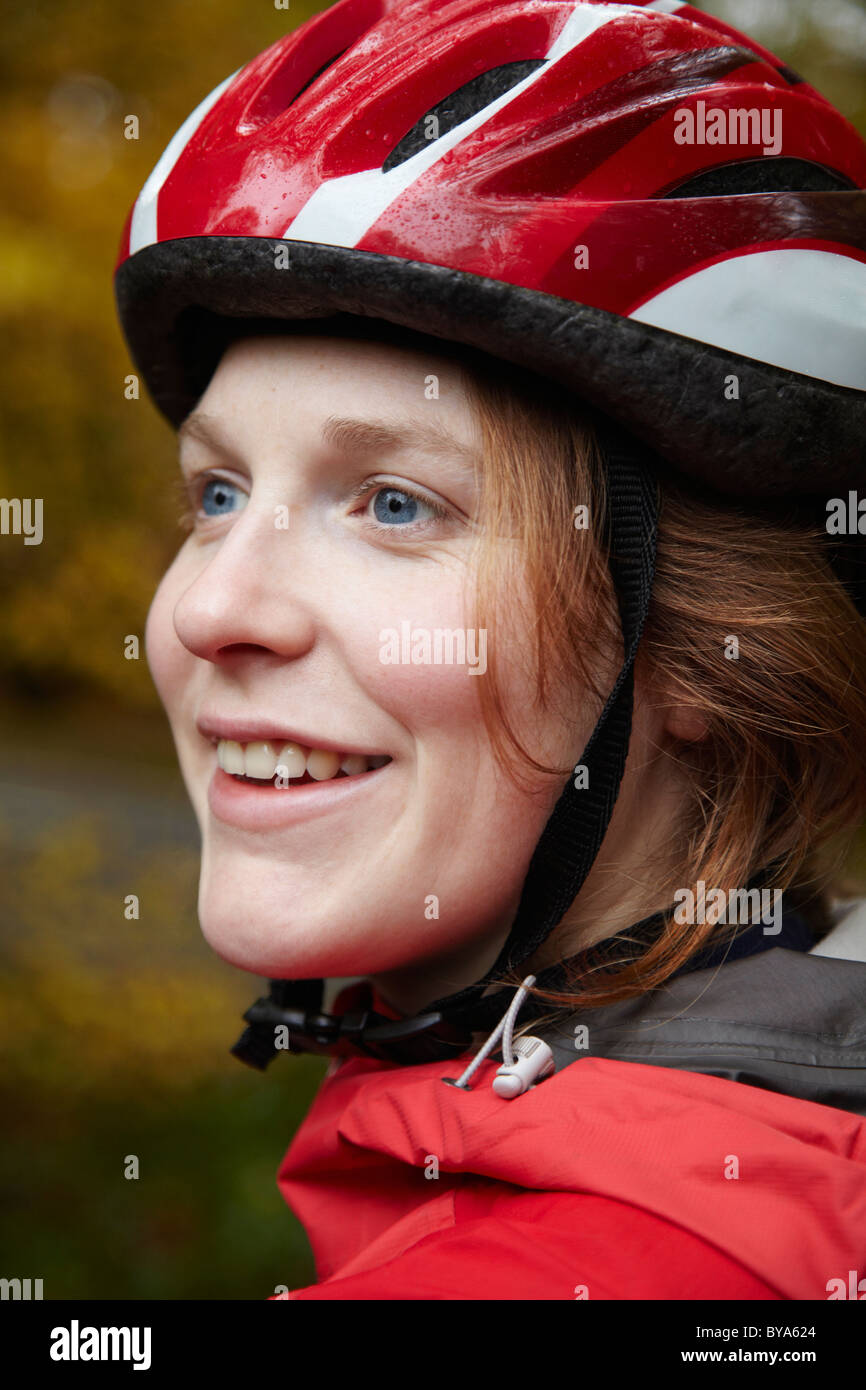 Close up of girl wearing cycle helmet Stock Photo - Alamy