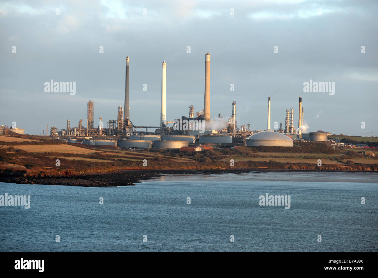 Chimneys of the Chevron refinery near Rhoscrowther as seen from Angle ...