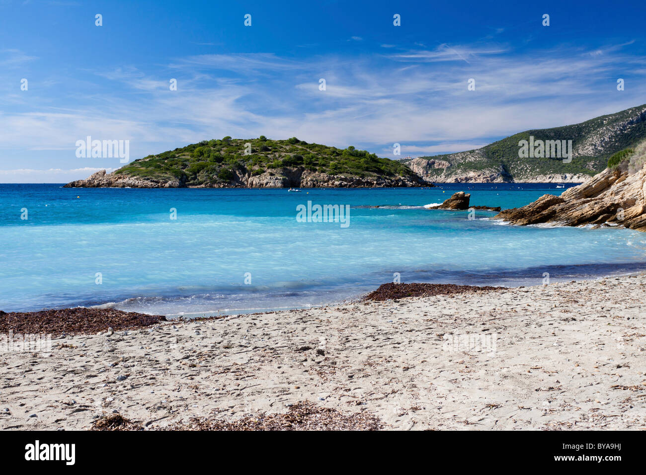 Sandy beach of Sant Elm with a turquoise sea, Sant Elm, Majorca ...