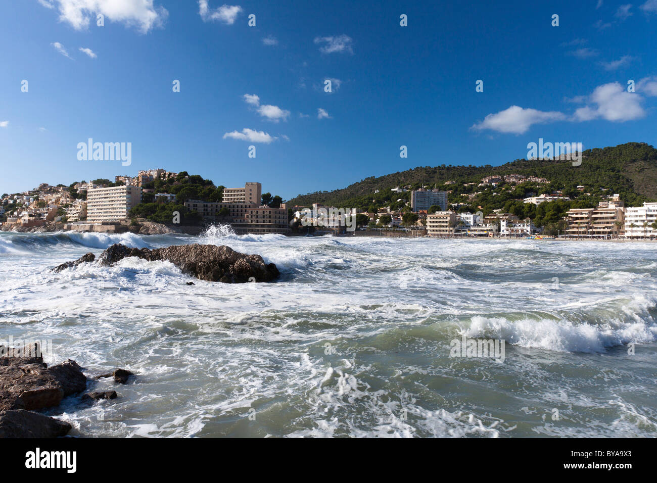 Heavy surf at Playa Palmira beach in Peguera, Majorca, Balearic Islands ...