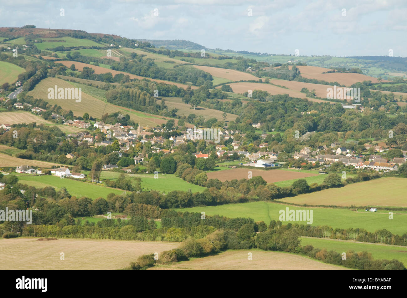 The small Dorset town of Chideock viewed from the south west coast path ...