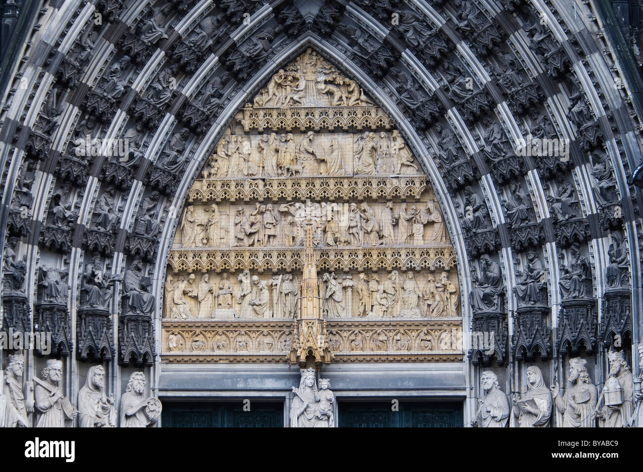 Detailed view, Cologne Cathedral main portal, west facade with restored ...