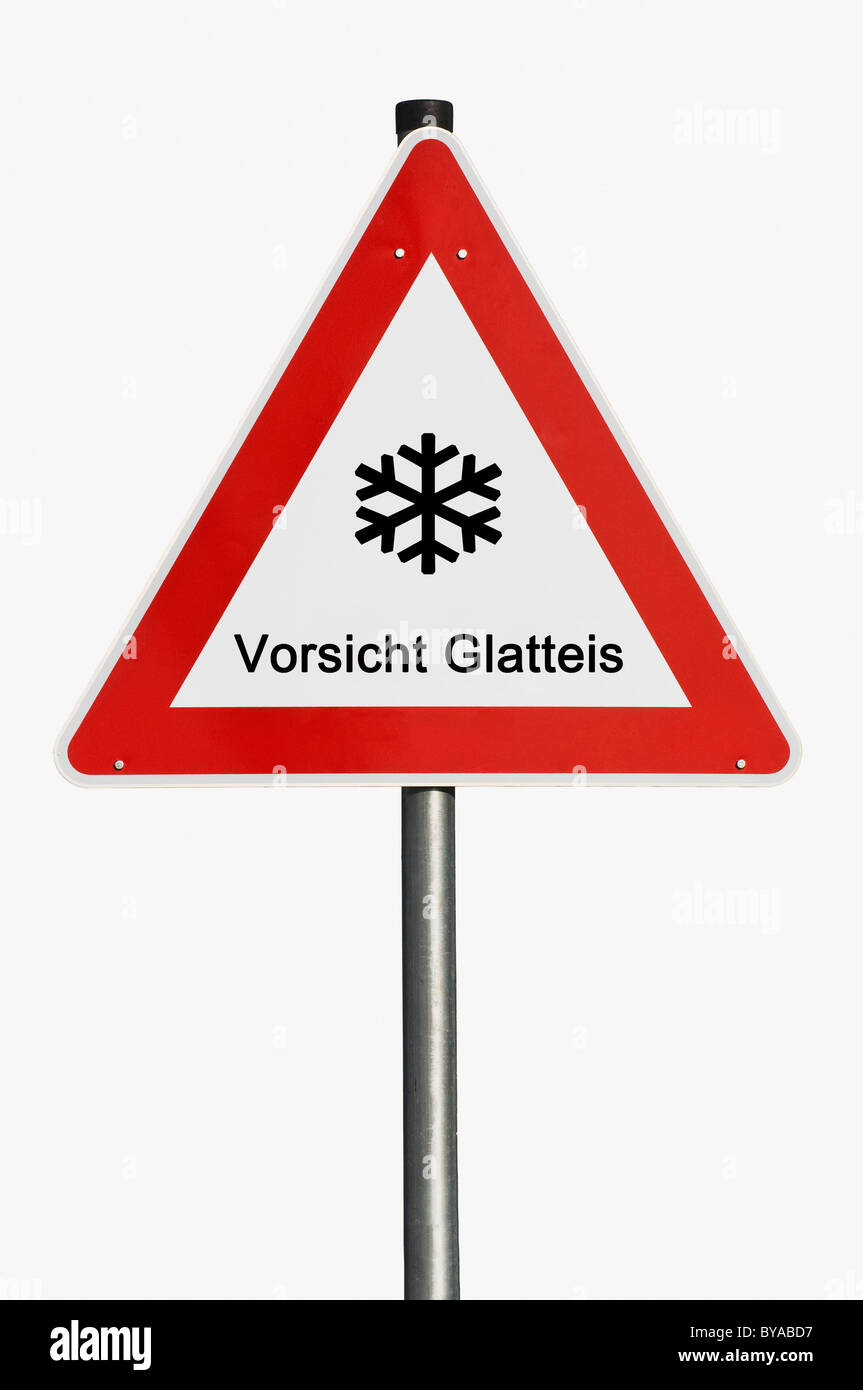 Warning sign with a snowflake symbol, lettering "Vorsicht Glatteis ...