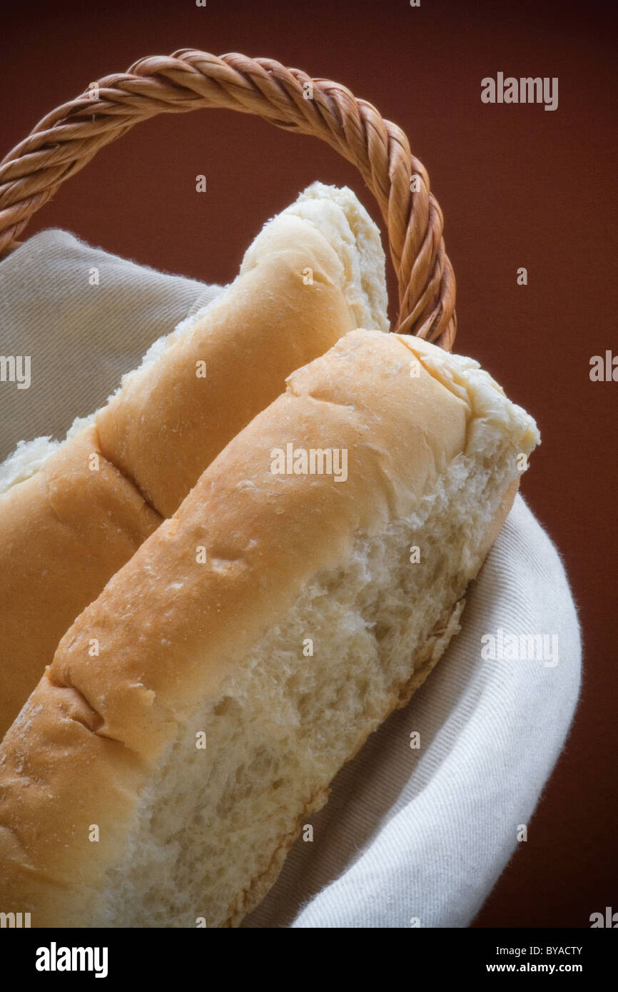 Wicker basket of freshly baked white bread buns Stock Photo - Alamy
