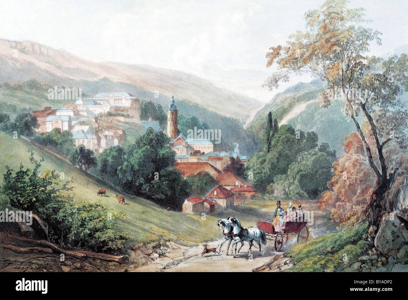 View of Baden-Baden, about 1855, historic cityscape, lithograph created ...