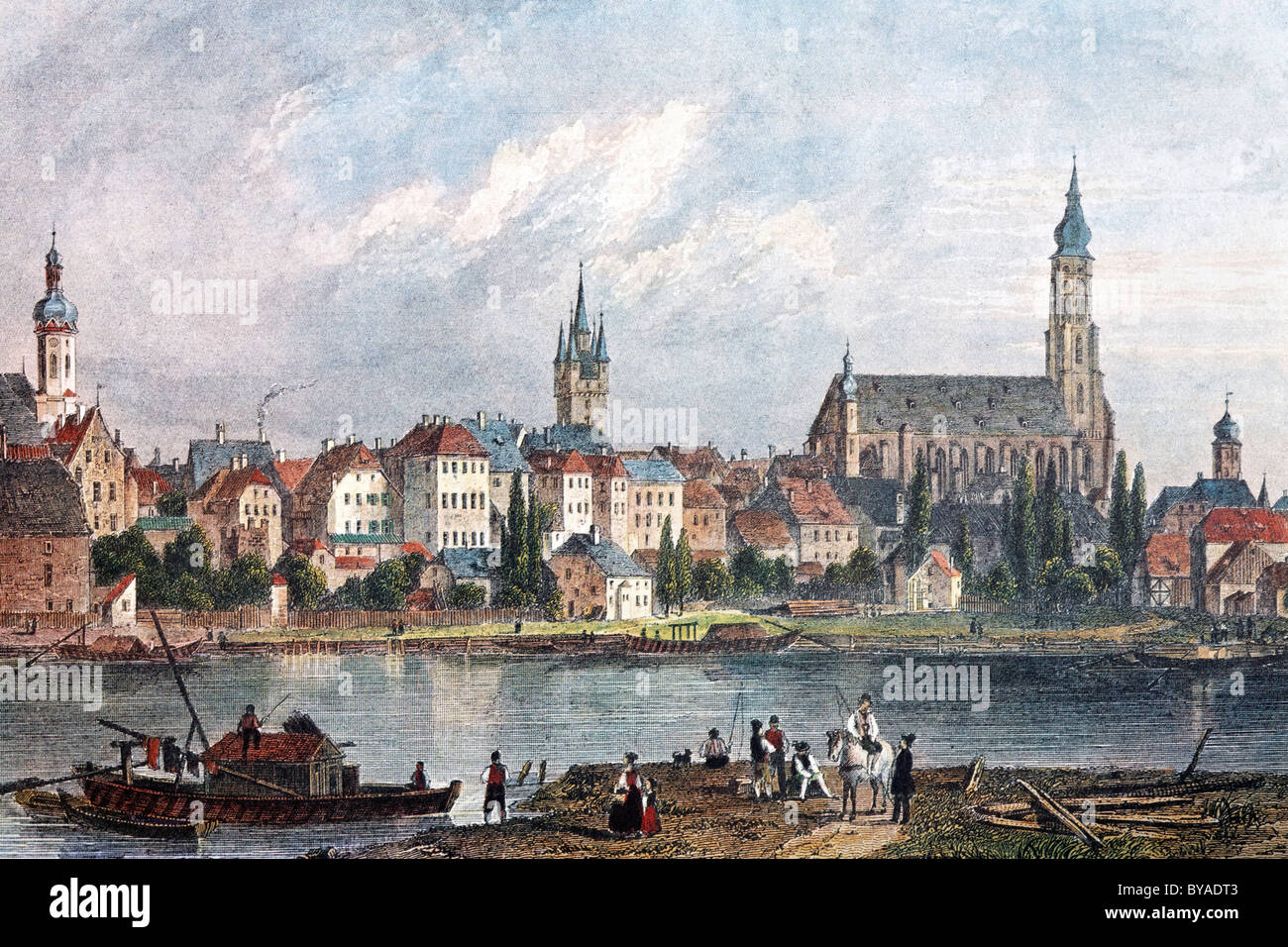 View of Straubing, about 1840, historic cityscape, steel engraving ...