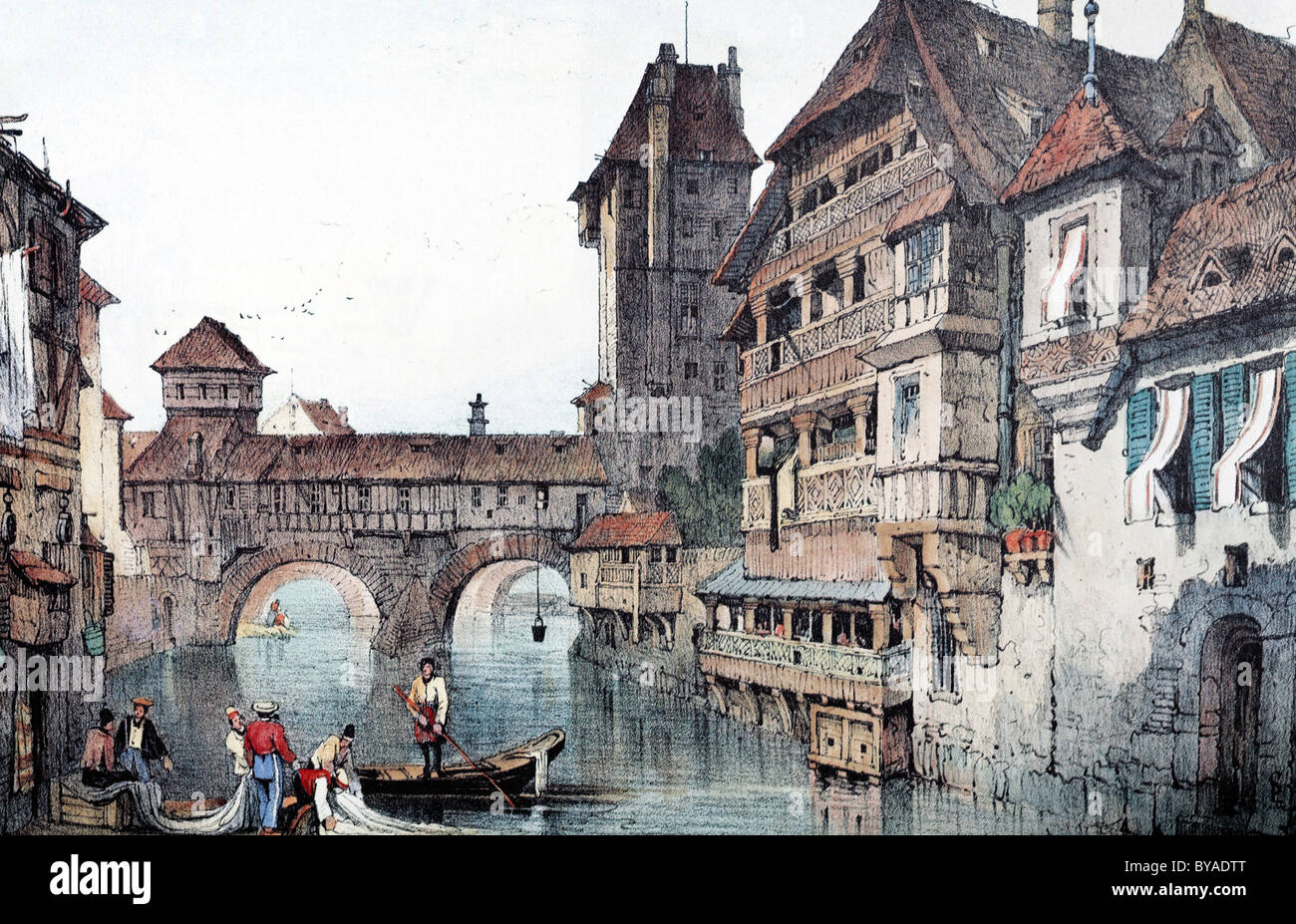 View of Nuremberg, Henkersteg bridge, about 1835, historic cityscape ...
