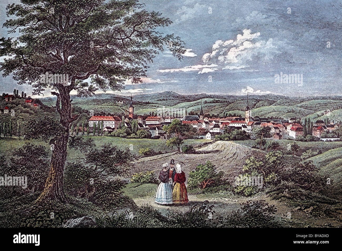 View of Weimar, about 1850, historic cityscape, steel engraving created ...