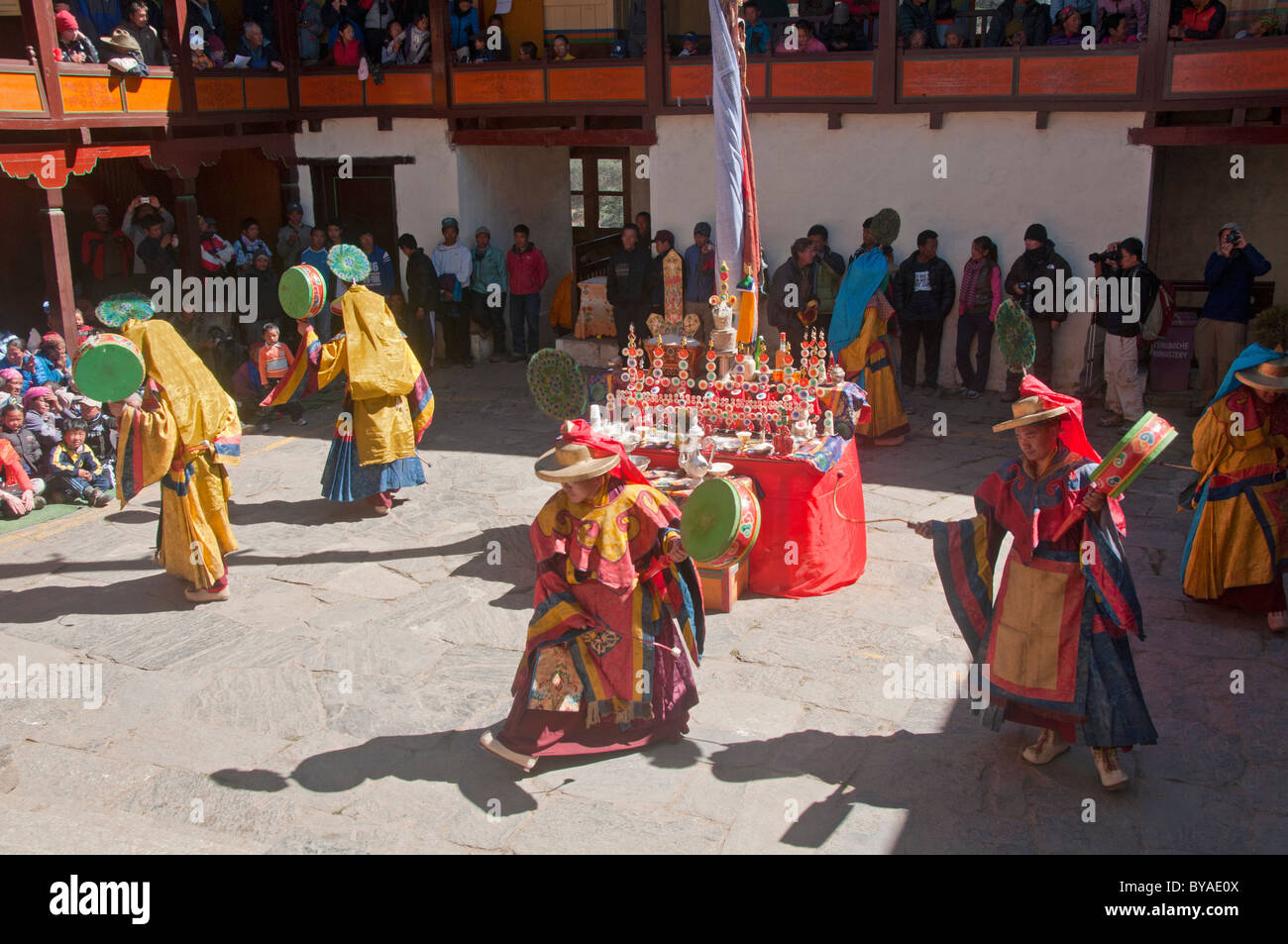 yellow hat monks dancing at the Mani Rimdu Festival at Tengboche ...