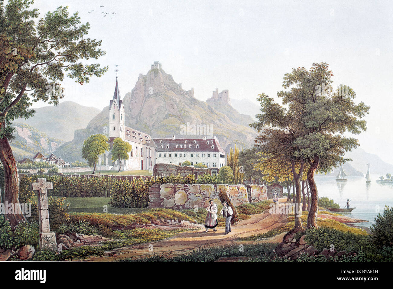 View of the Bornhofen Capuchin monastery on the Rhine river ...